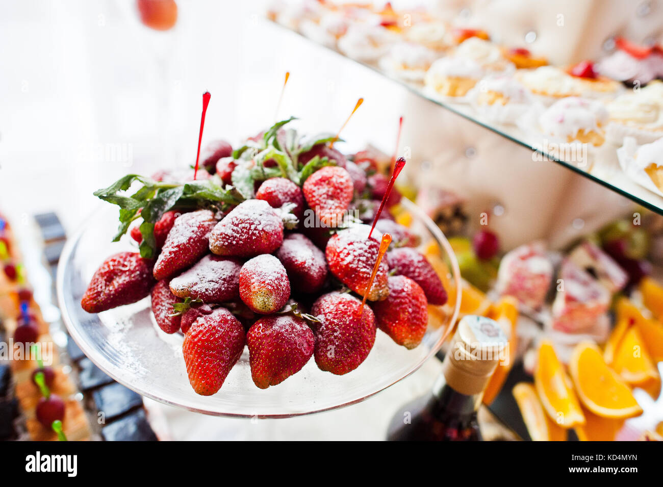 Close-up photo of fresh strawberries on the wedding banquet and other ...