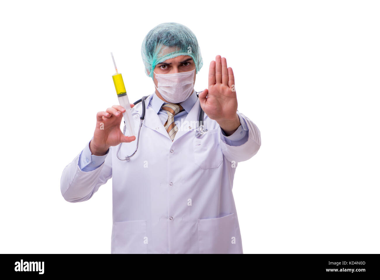 Funny doctor with syringe isolated on white Stock Photo - Alamy