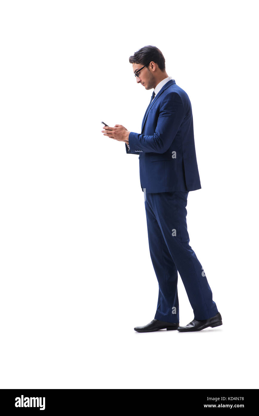 Businessman walking standing side view isolated on white background ...