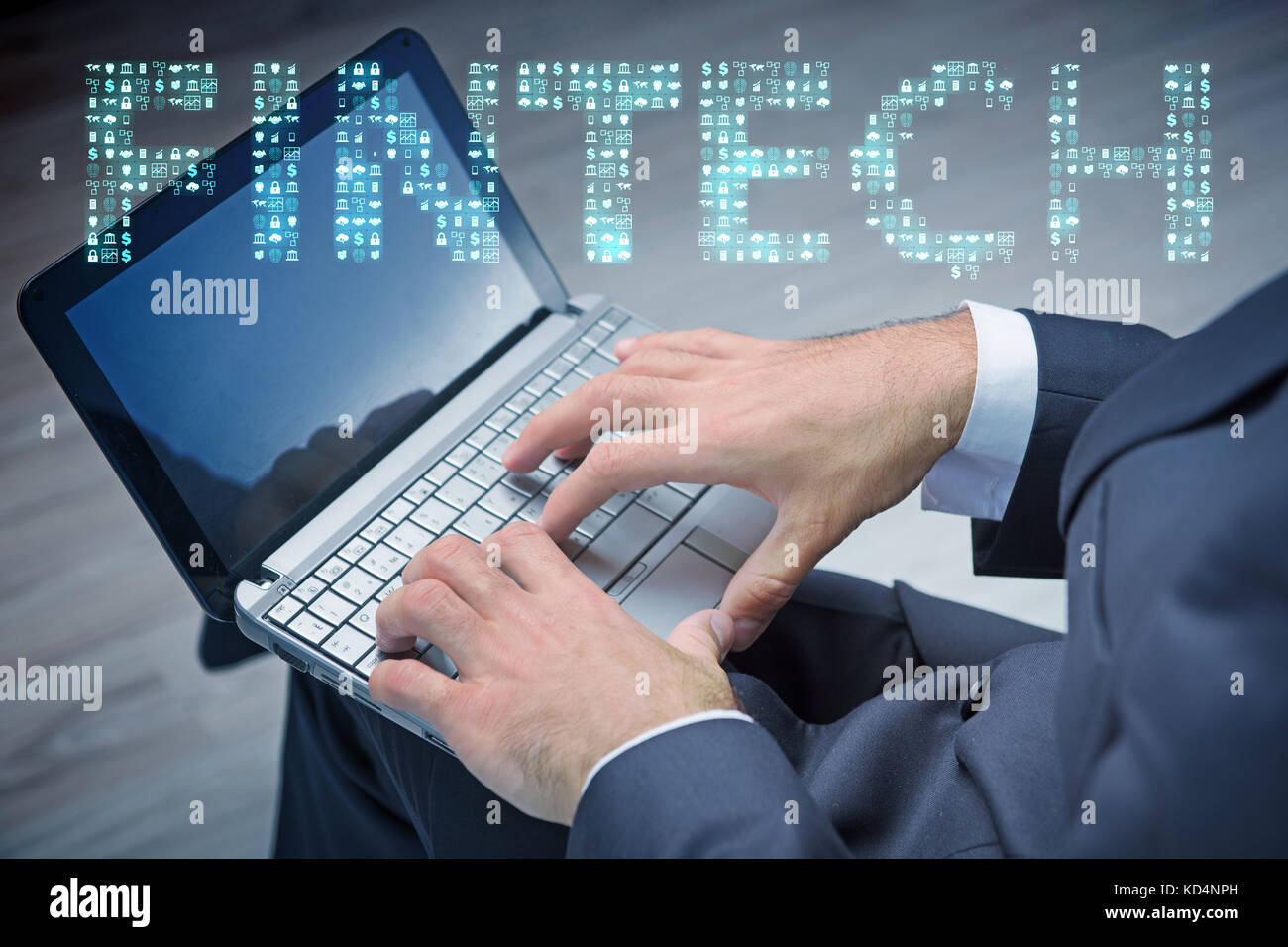 Hands working on laptop in financial technology fintech concept Stock ...