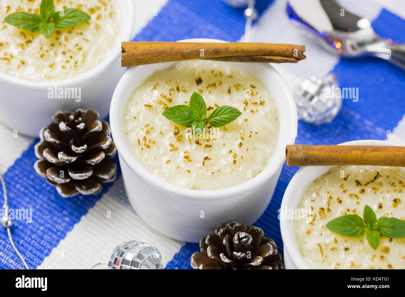Rice Pudding with Cinnamon, New Year Ornaments in Blue Color, Pine ...