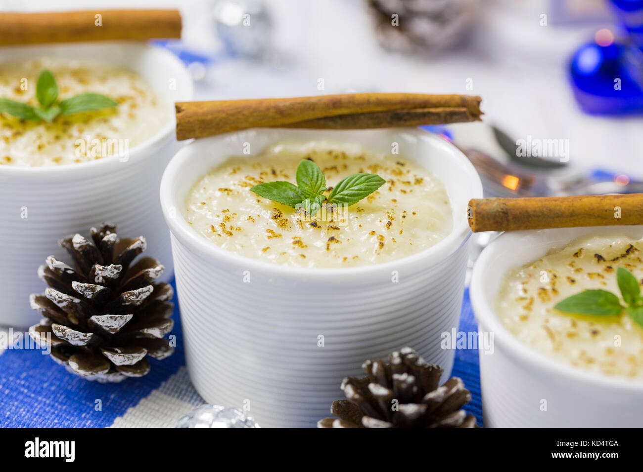 Rice Pudding with Cinnamon, New Year Ornaments in Blue Color, Pine ...