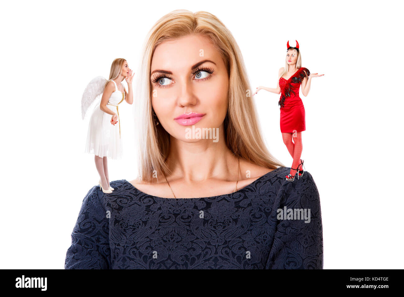 Beautiful young woman with small angel and demon on her shoulders ...