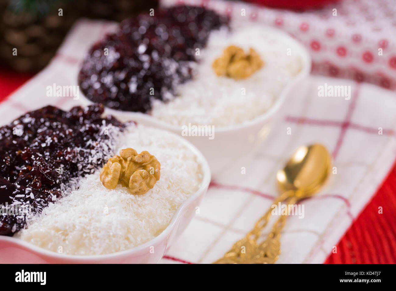 Rice Pudding and Strawberry Jam with Nuts, New Year Decoration in Red ...