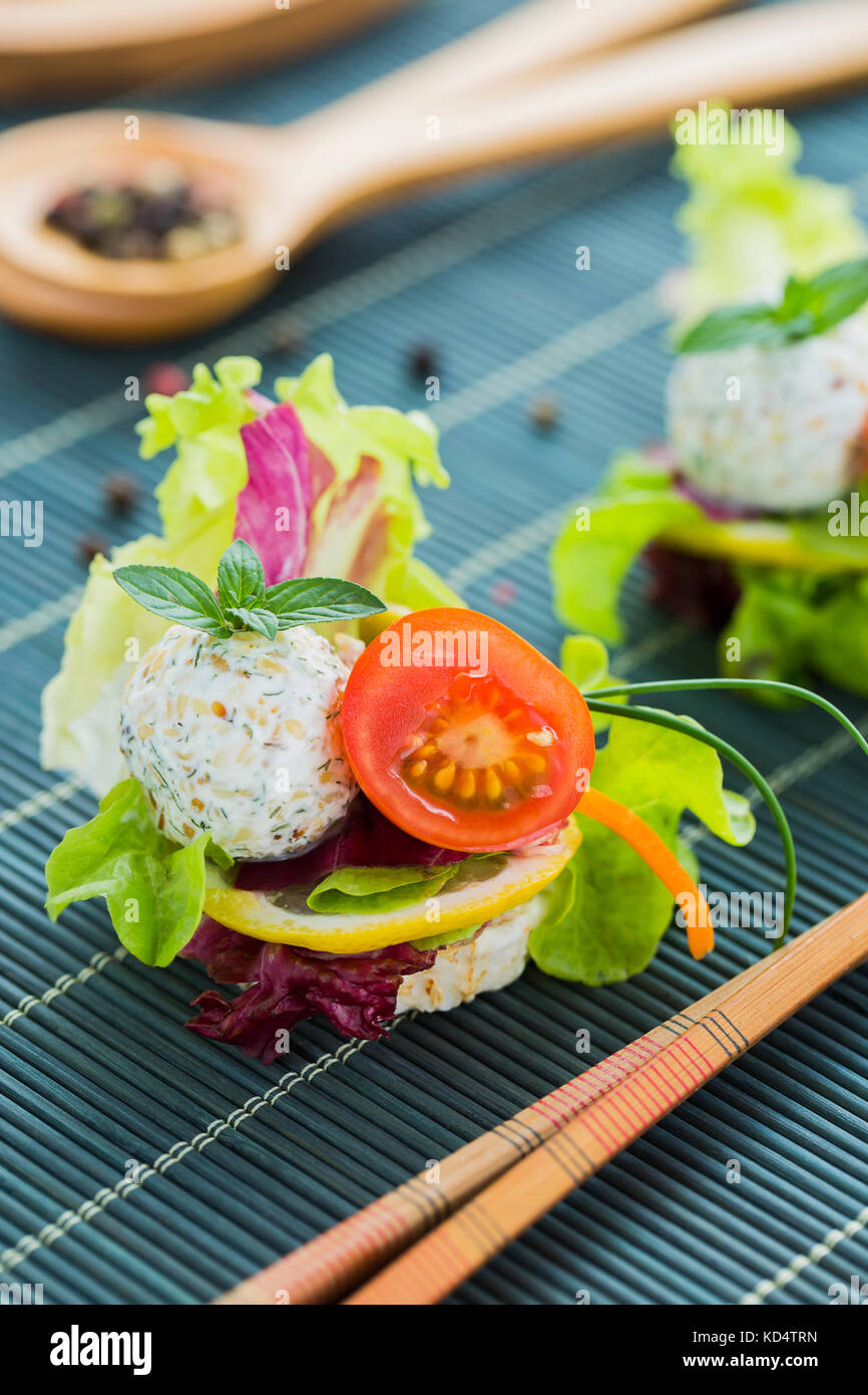 Healthy Rice Canape with Protein Cheese and Cherry Tomato, Sesame ...