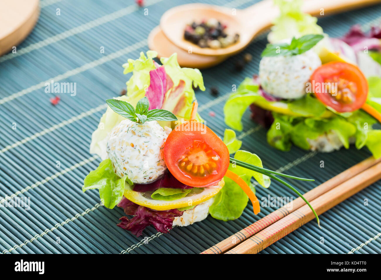 Healthy Rice Canape with Protein Cheese and Cherry Tomato, Sesame ...
