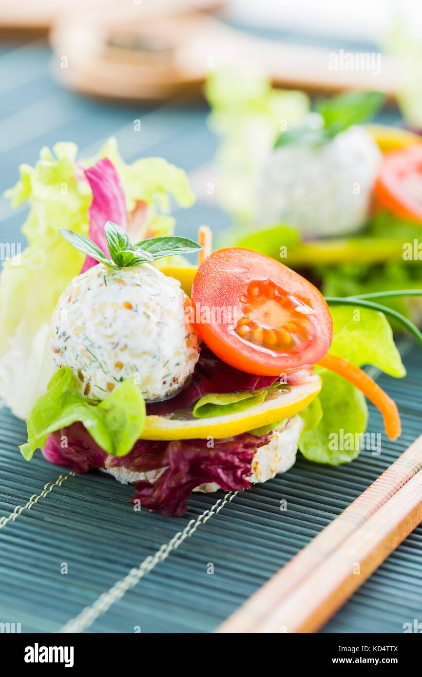 Healthy Rice Canape with Protein Cheese and Cherry Tomato, Sesame ...