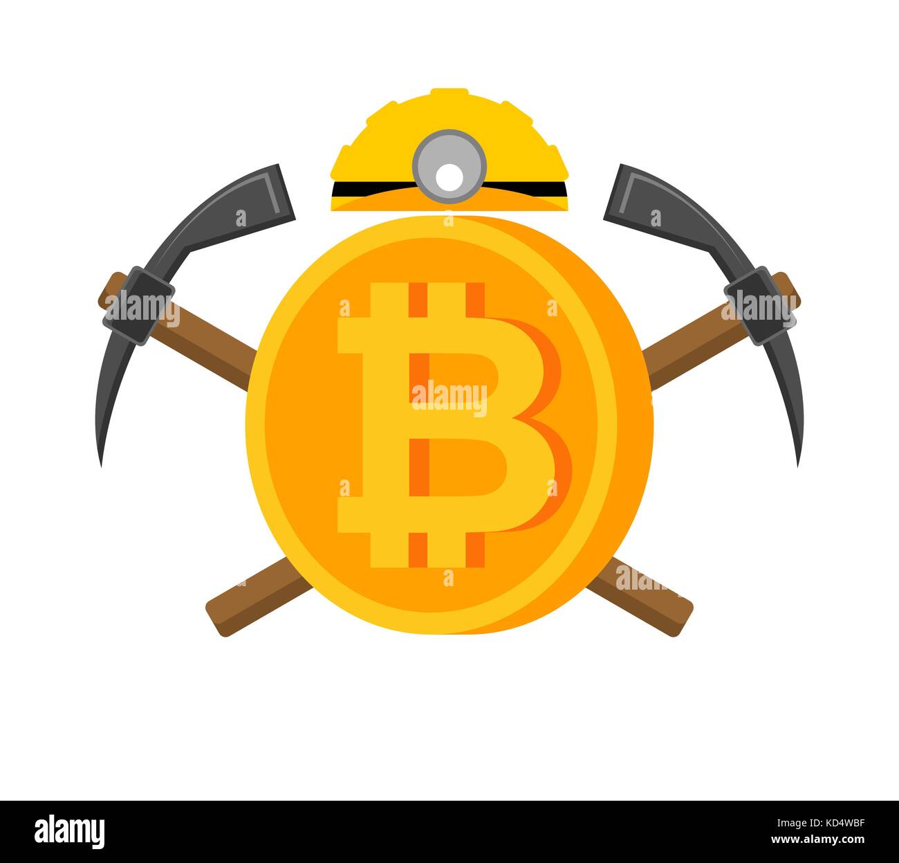 Mining bitcoin logo. Meiner emblem. Helmet and pickaxe and coin are ...