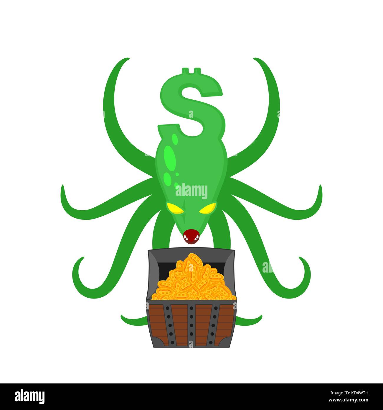 Monster Dollar protects chest of bitcoins. Money Octopus Vector ...