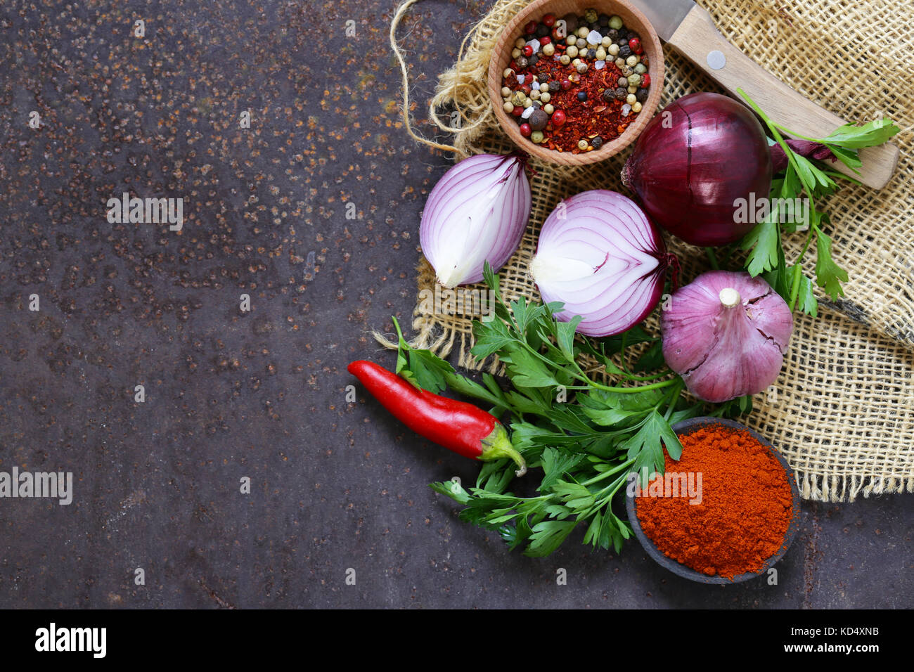 Food background - red onion, garlic, pepper, vegetables and herbs Stock ...