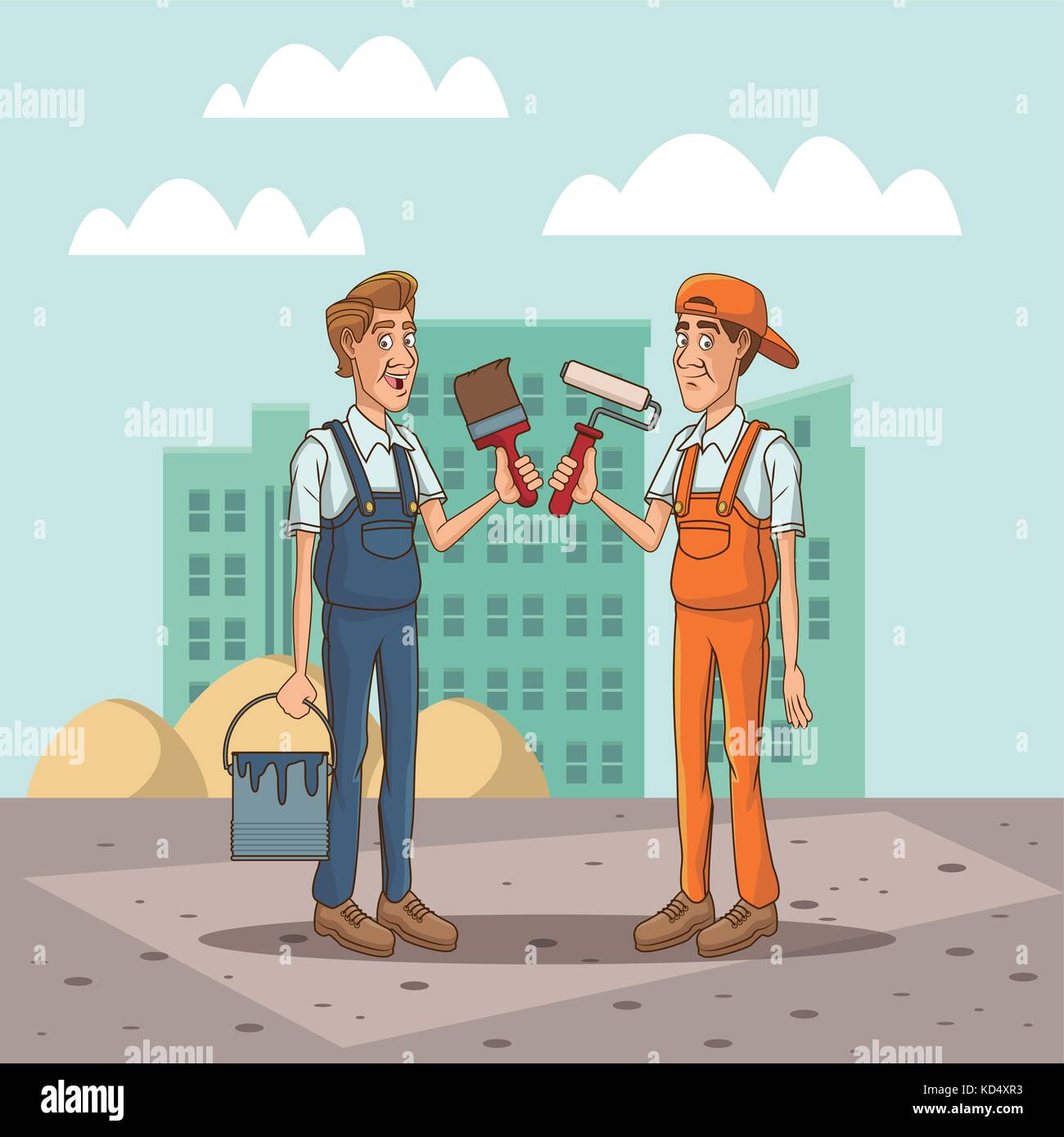 Workers with tool on cityscape cartoon Stock Vector Image & Art - Alamy