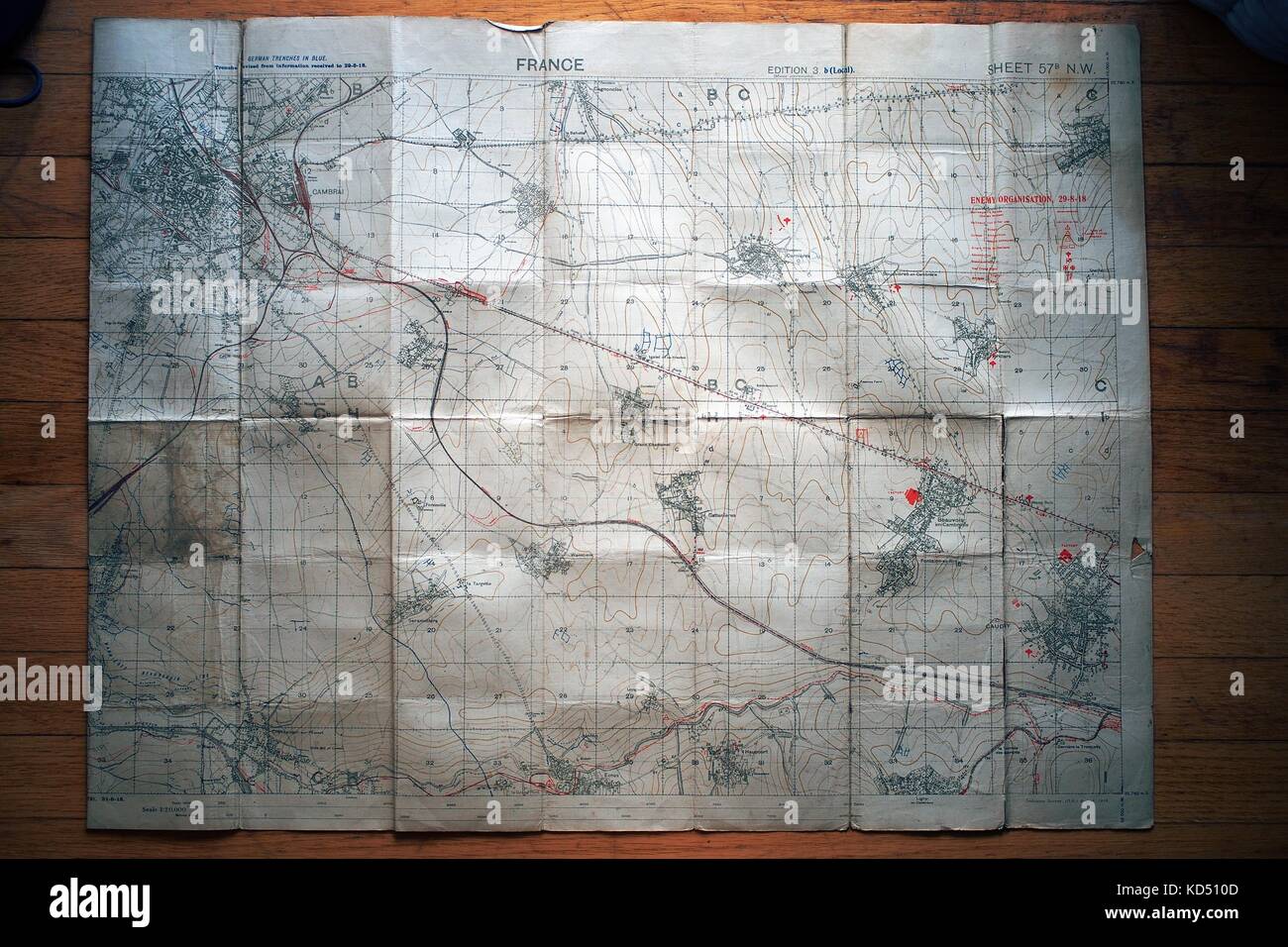 Ordnance Survey First World War map circa 1918, Cambrai, France Stock ...