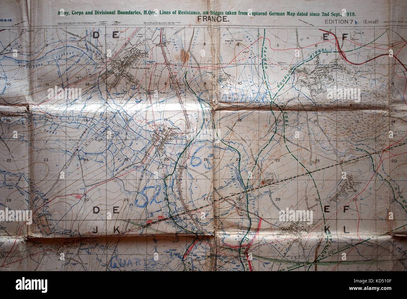 Detail of Ordnance Survey First World War map circa 1918, Cambrai ...