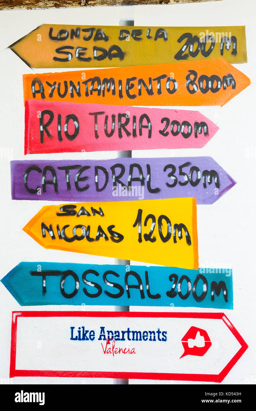 Valencia city center, view of a colourful sign painted on to a wall in ...