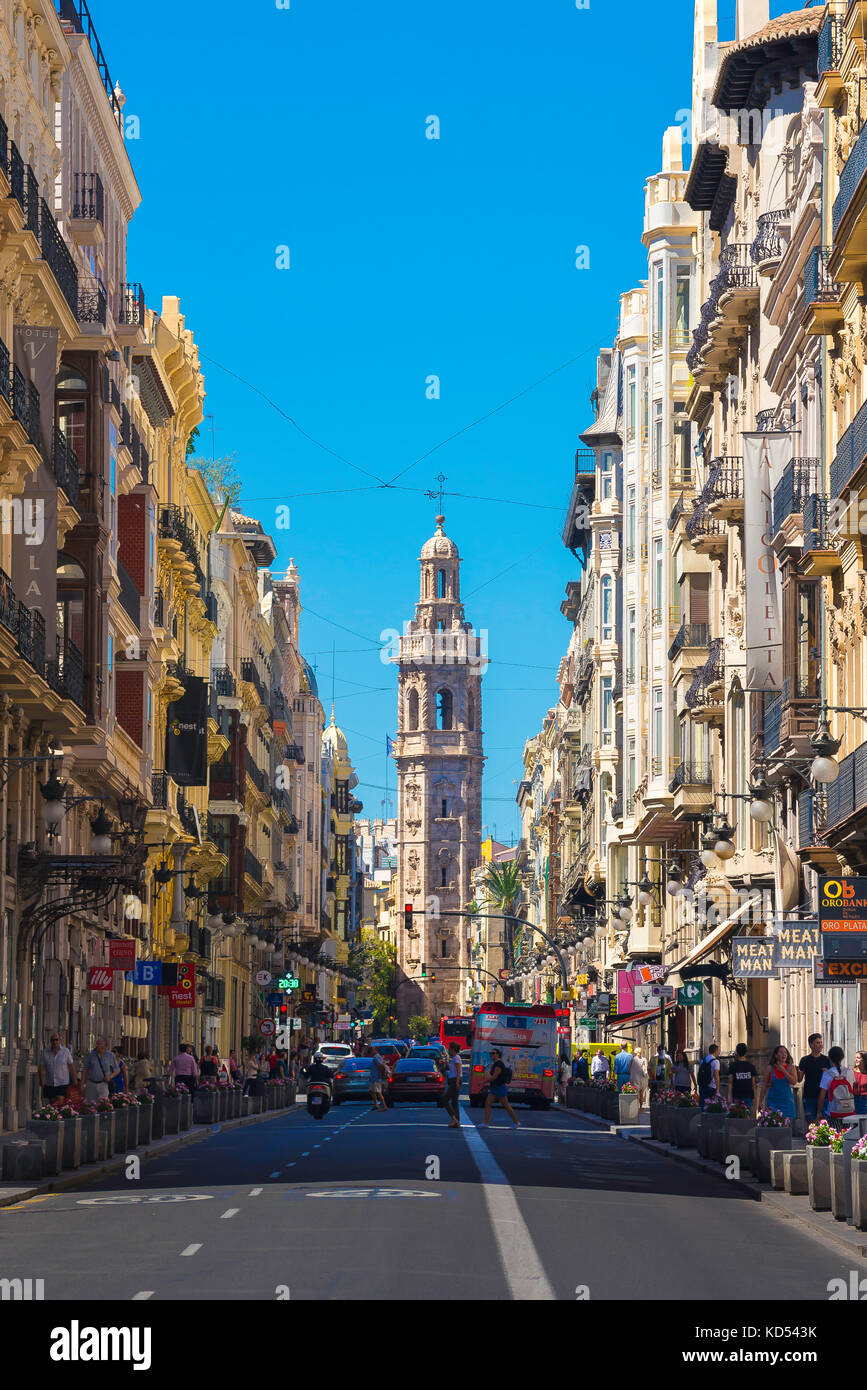 Valencia city Spain, view along the Calle de la Paz towards the baroque ...