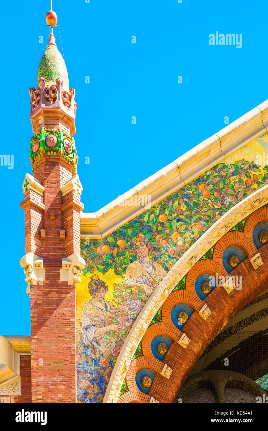 Valencia Spain market, detail of the colourful mosaic tile-work above ...