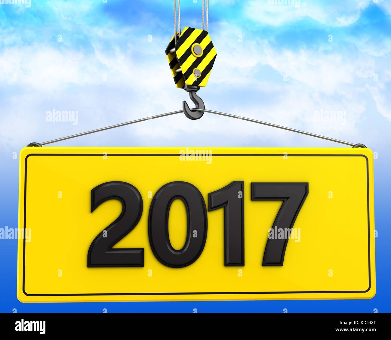 3d illustration of 2017 sign with crane hook over sky background Stock ...