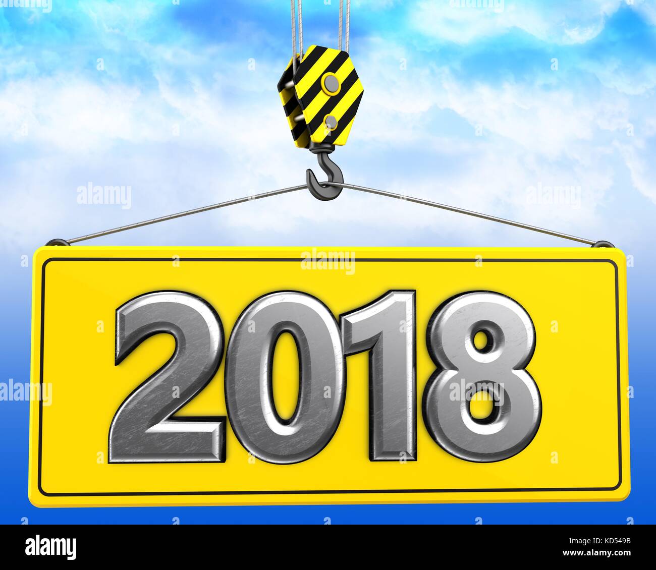 3d illustration of metal 2018 sign with crane hook over sky background ...