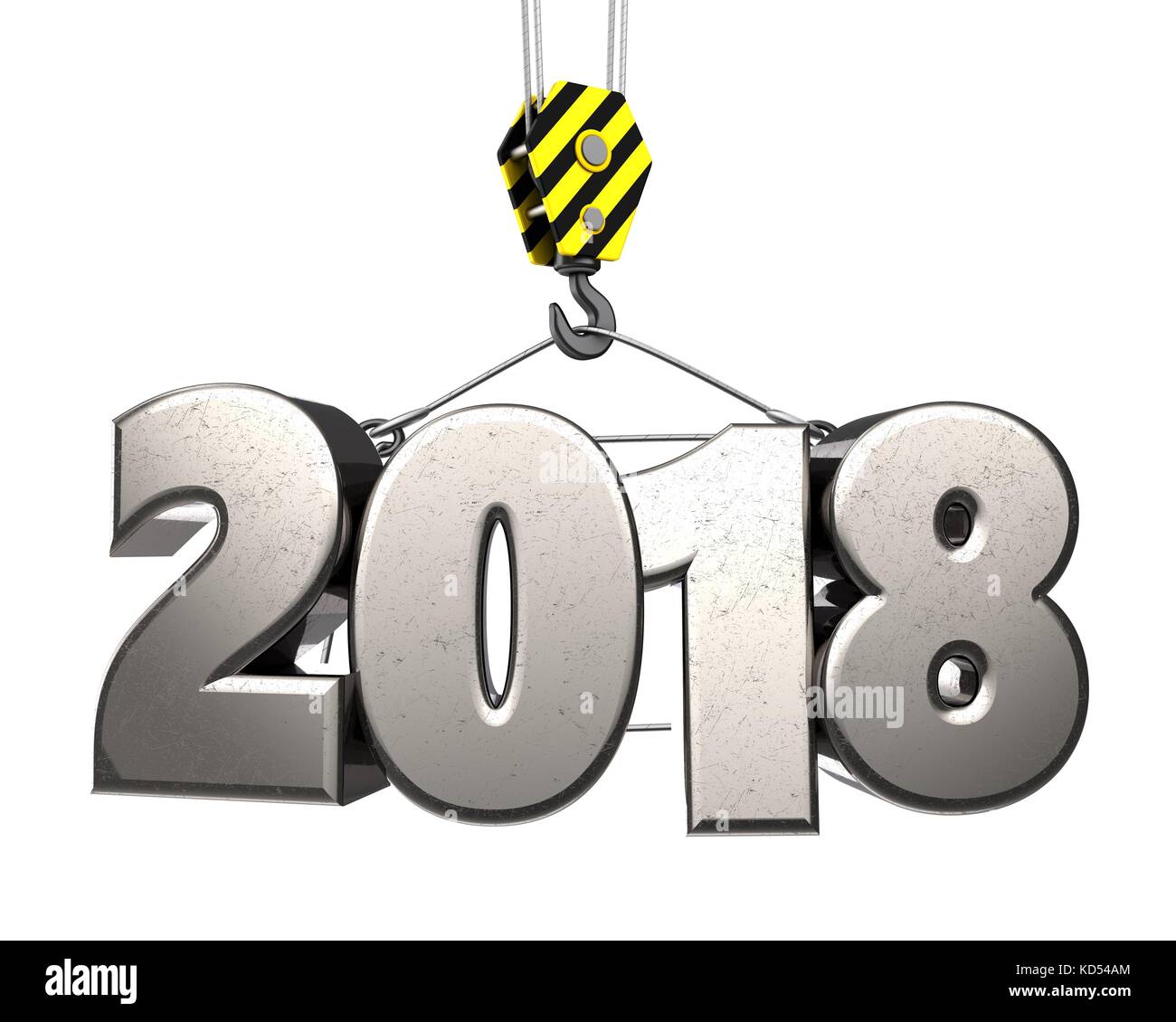 3d illustration of steel 2018 sign with crane hook over white ...