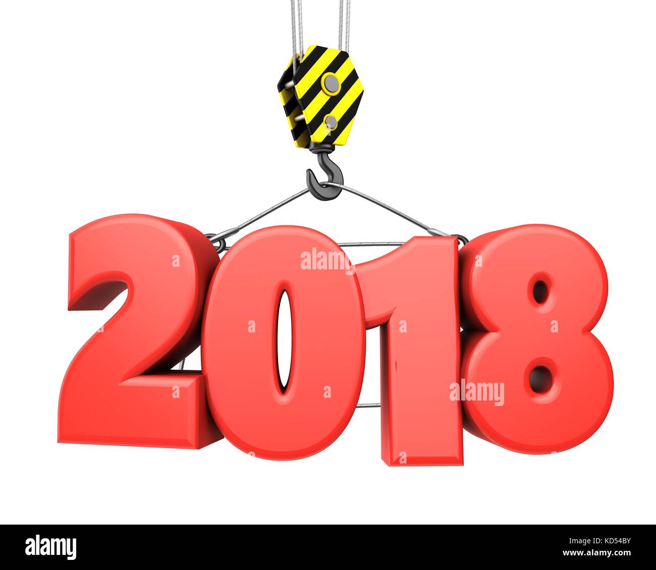 3d illustration of red 2018 sign with crane hook over white background ...
