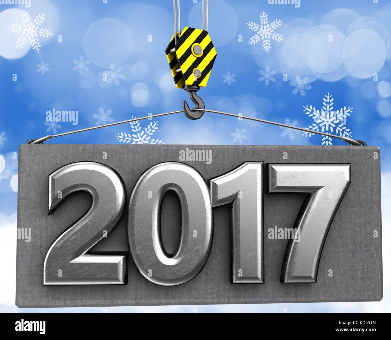 3d illustration of metal 2017 sign with crane hook over snow background ...