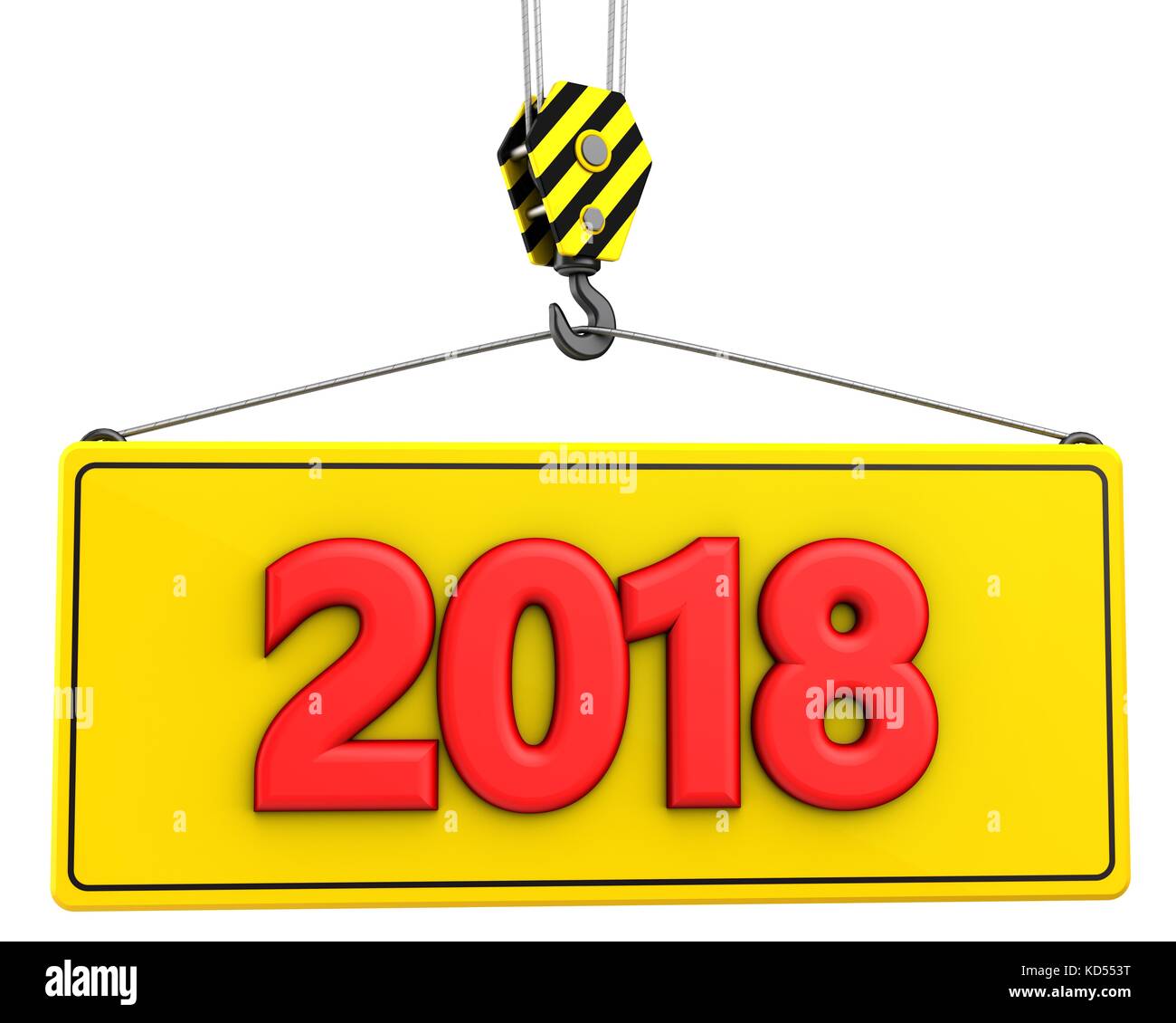 3d illustration of red 2018 sign with crane hook over white background ...