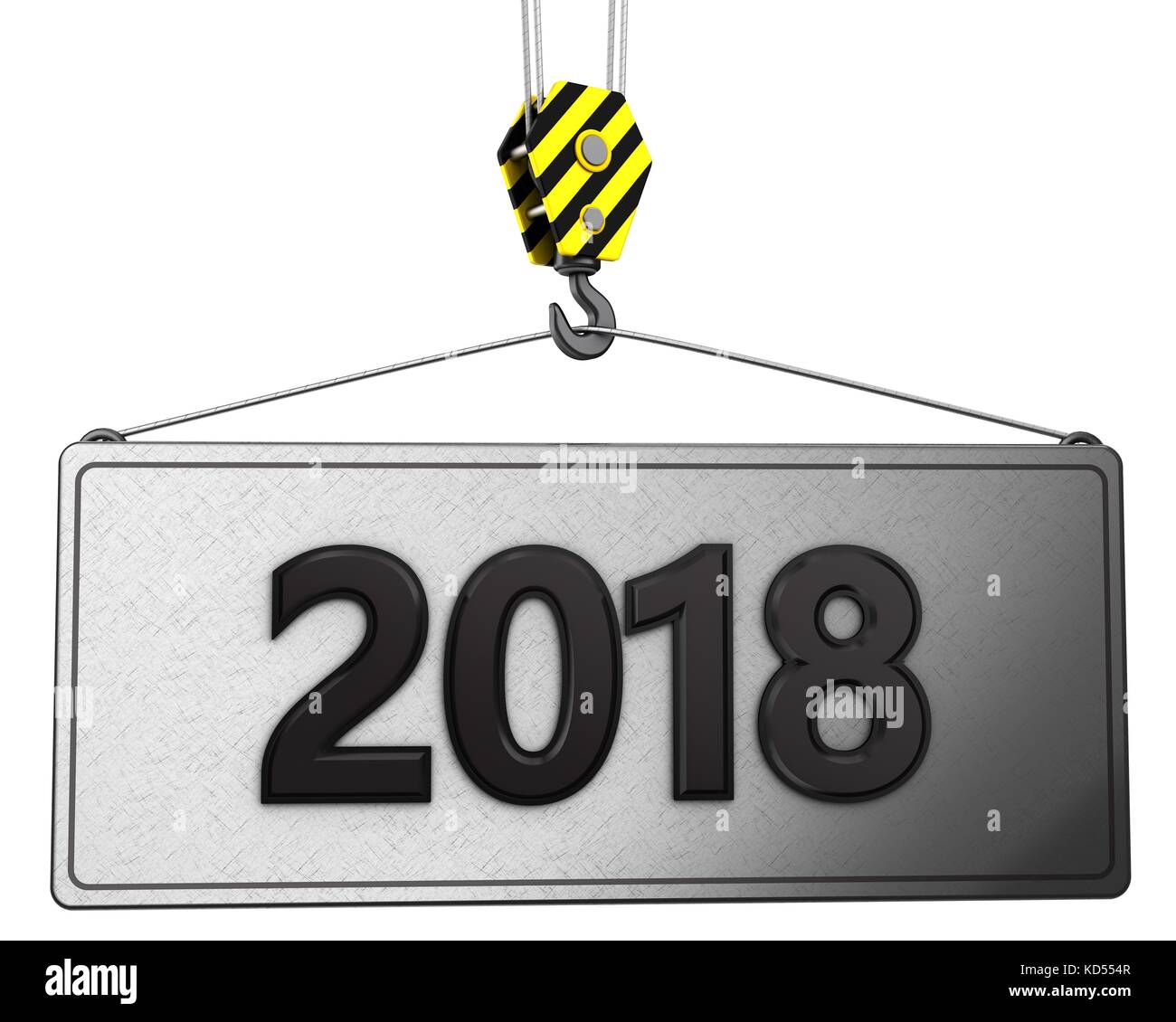 3d illustration of 2018 sign with crane hook over white background ...