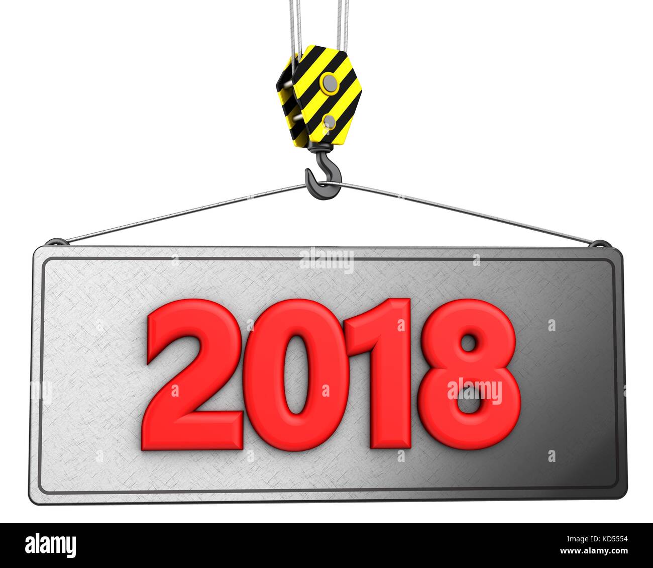 3d illustration of red 2018 sign with crane hook over white background ...