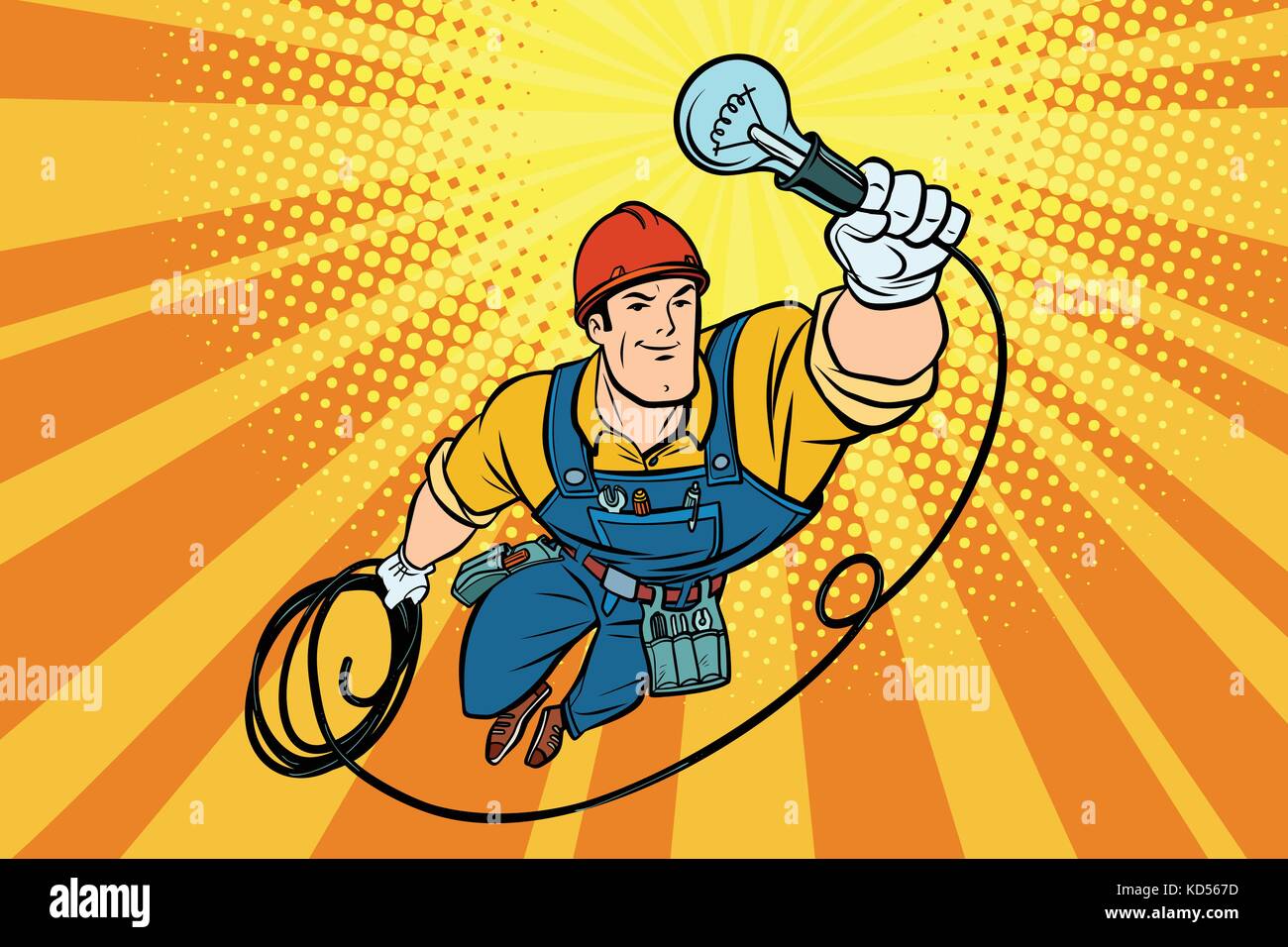 worker electrician light bulb flying superhero. Comic book cartoon pop ...