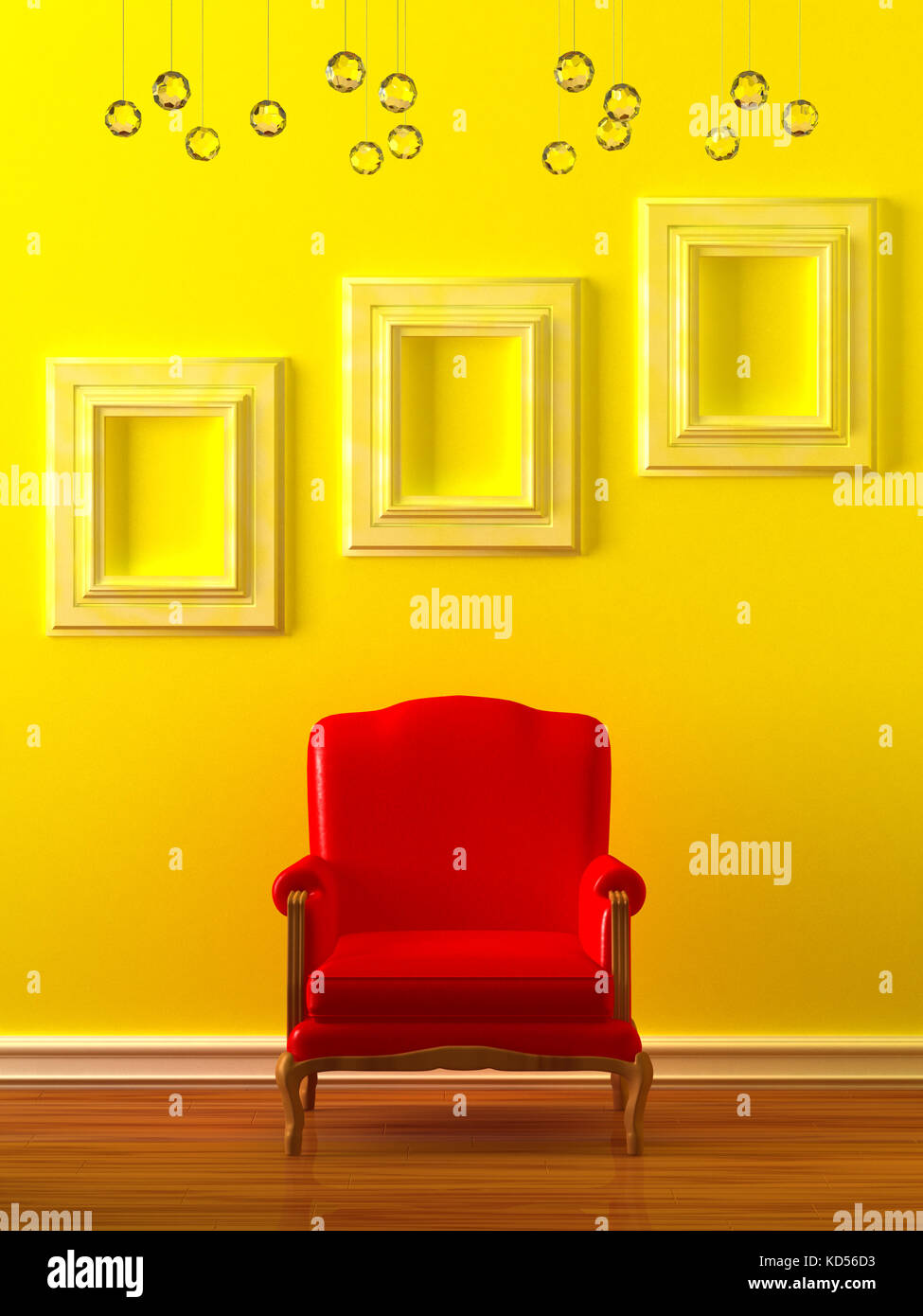 Red chair with empty frames in yellow minimalist interior Stock Photo ...