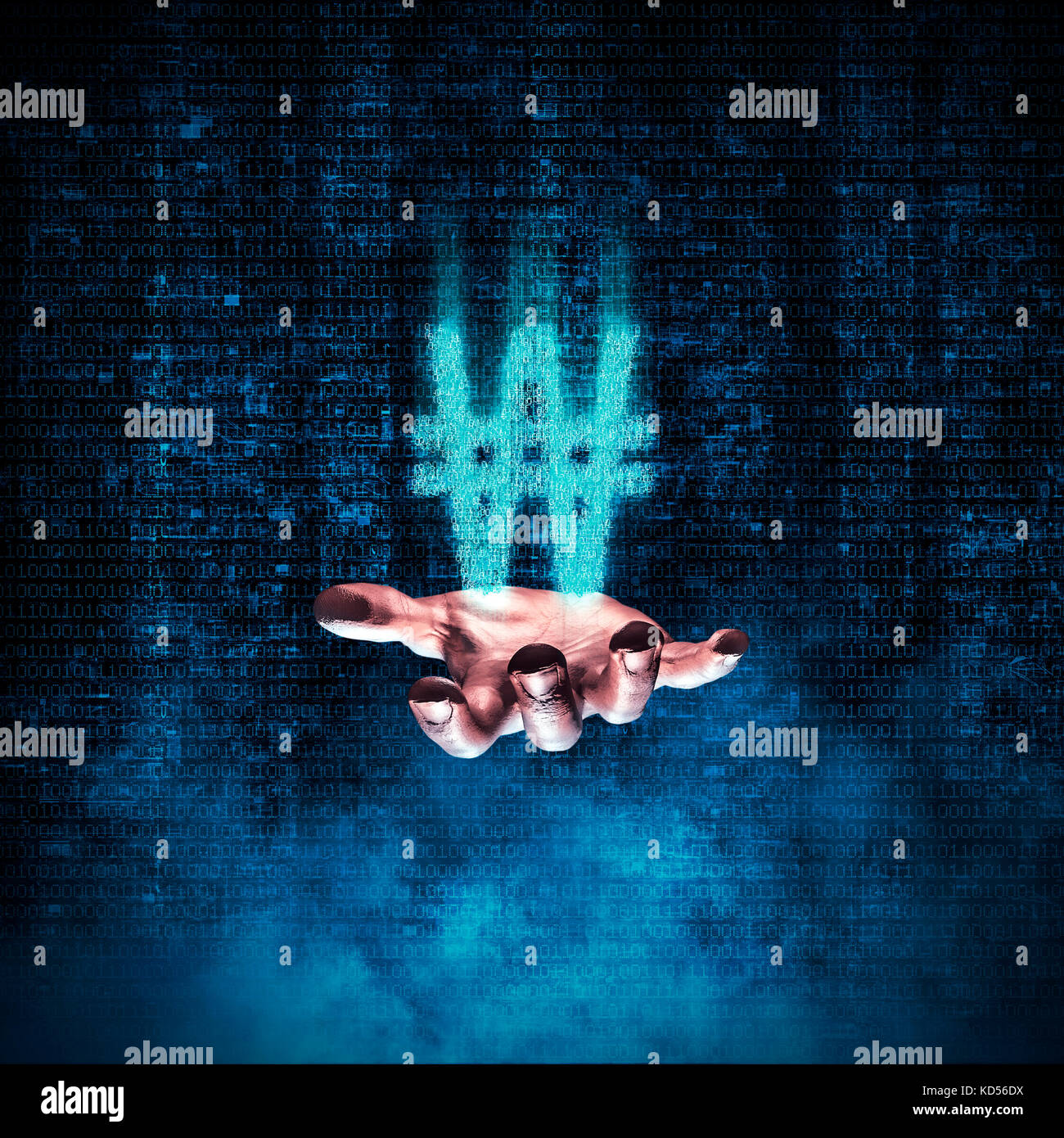 Binary won hand / 3D illustration of glowing South Korean won currency ...