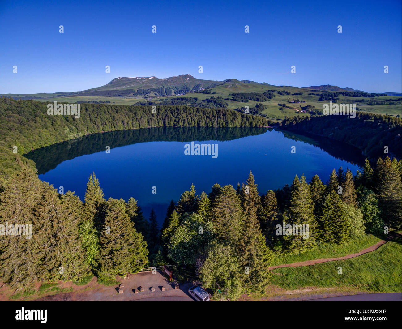 Aerial view of "lac Pavin", a crater lake located in the Monts Dore ...