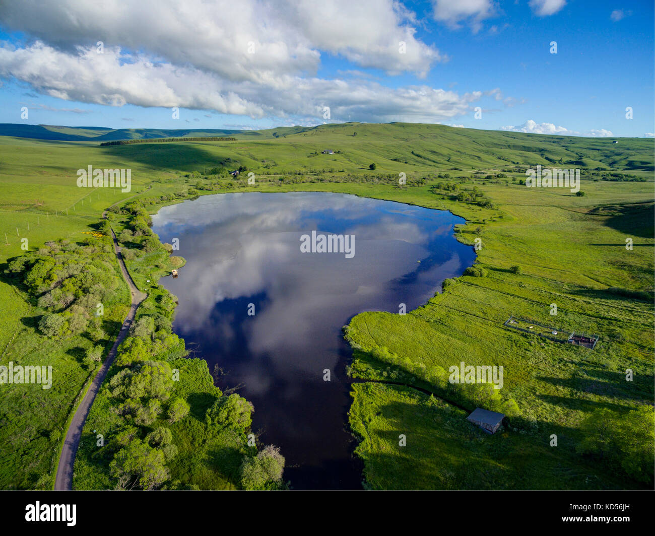 Aerial view of the lake "d'En Bas", a glacial lake in the "chaine des ...