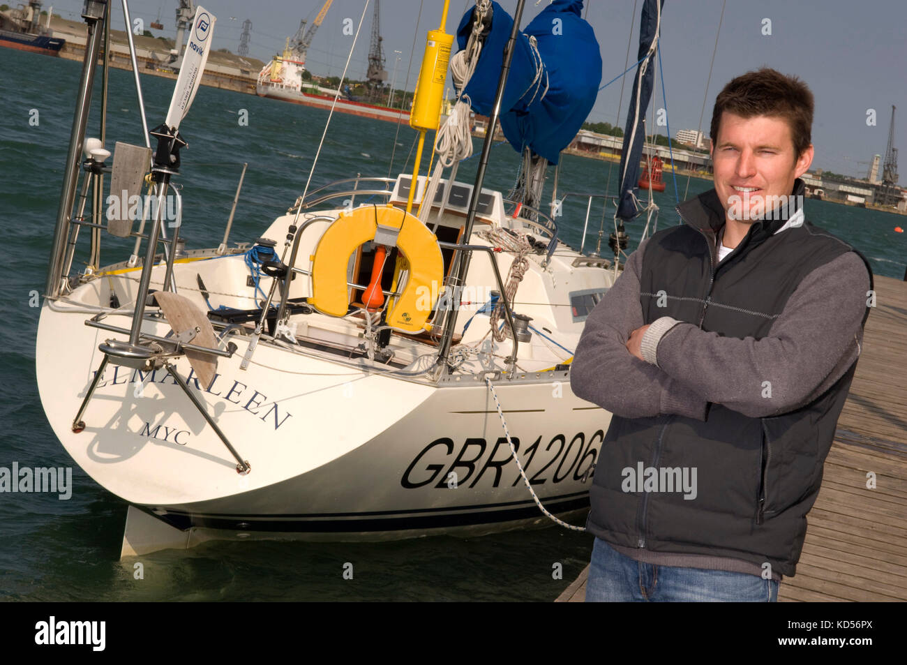 Yachtman Will Sayer with his yacht in Marchwood Yacht Club Stock Photo ...