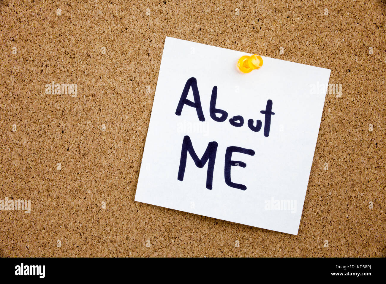 A yellow sticky note writing, caption, inscription Phrase ABOUT ME in ...