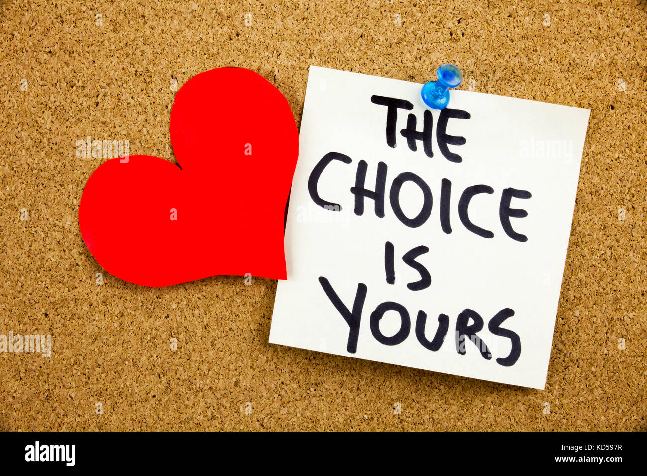 A yellow sticky note writing, caption, inscription Phrase THE CHOICE IS ...