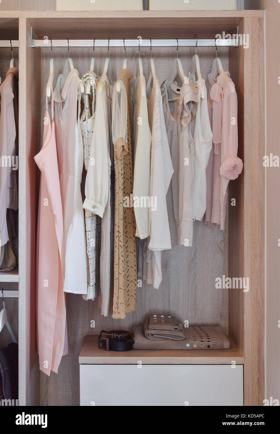 modern closet with row of dresses hanging in wooden wardrobe Stock ...