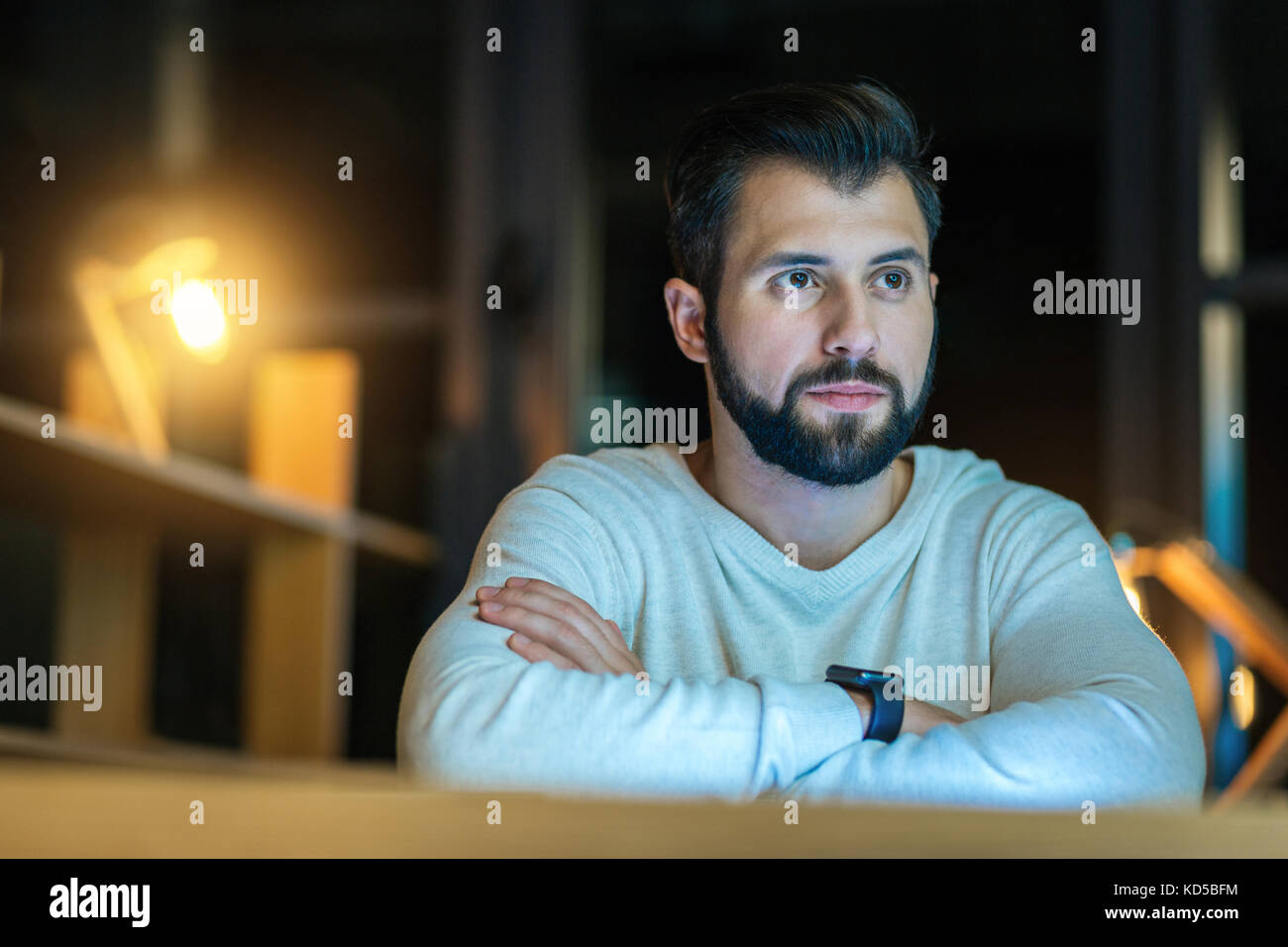 Attentive bearded man being deep in thoughts Stock Photo - Alamy