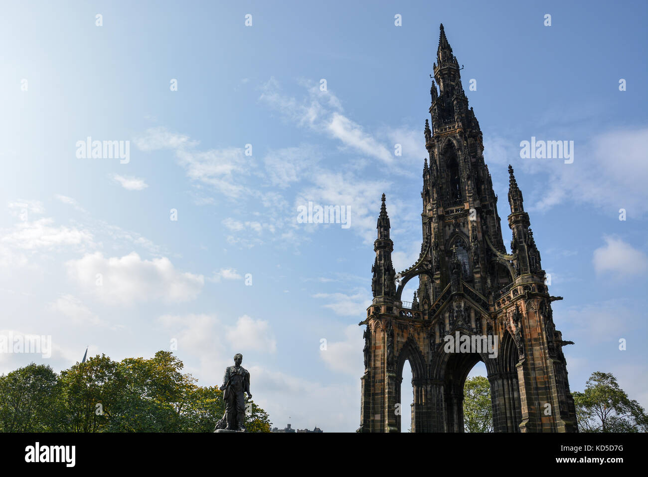 The landmark Scott Monument in Edinburgh in the afternoon sun and blue ...