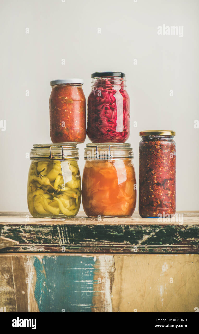 Autumn seasonal pickled or fermented colorful vegetables in jars Stock ...