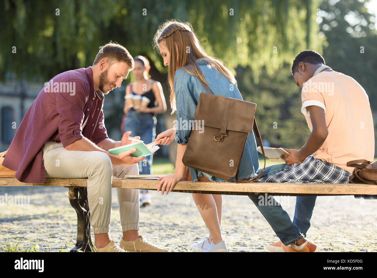 students studying on bench in park Stock Photo - Alamy