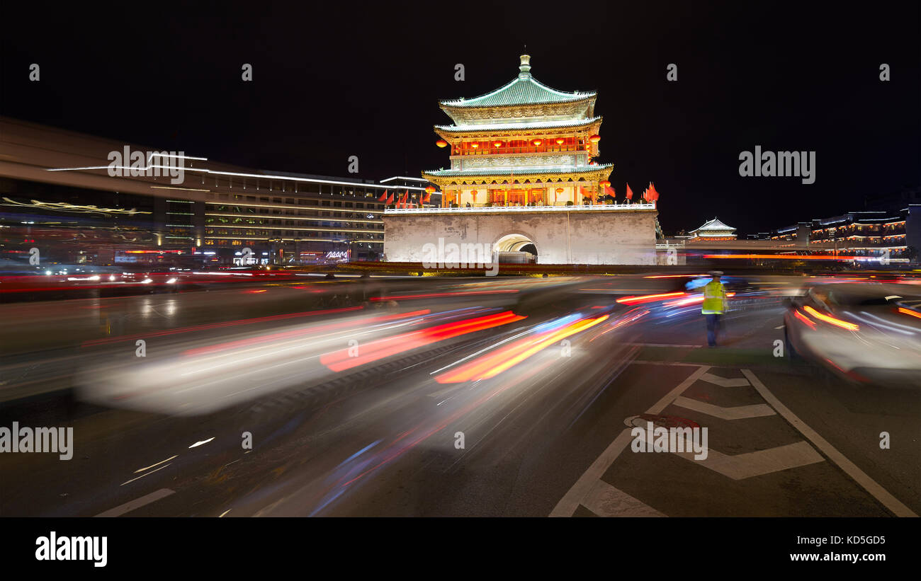 Xian bell tower at night, long exposure picture with car lights, China ...