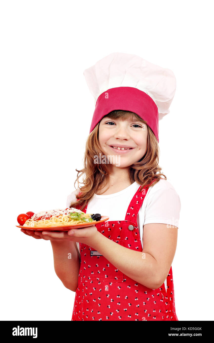 happy little girl cook with spaghetti on plate Stock Photo - Alamy
