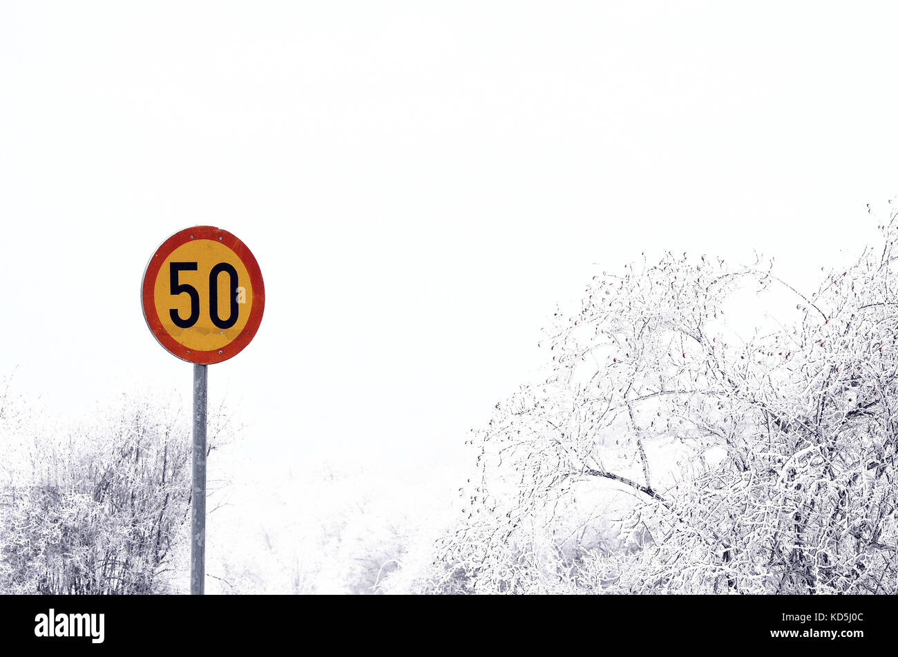 Speed limit traffic sign in winter Stock Photo - Alamy