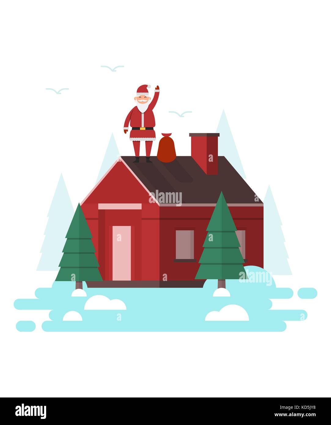 Santa Claus that is staying on house roof with gifts bag and is going ...