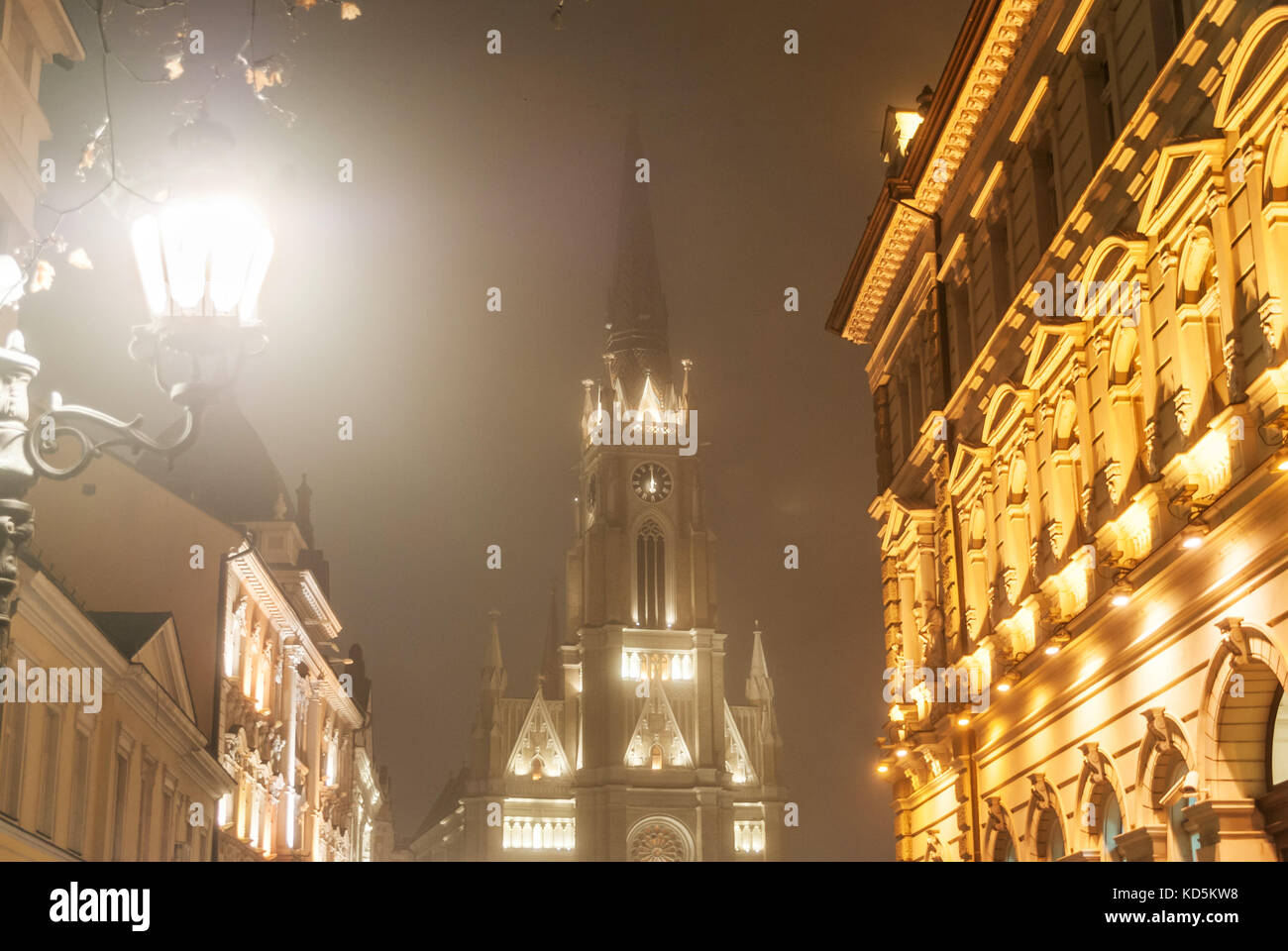 Cathedral in the center of Novi Sad, night photography, fog, winter ...