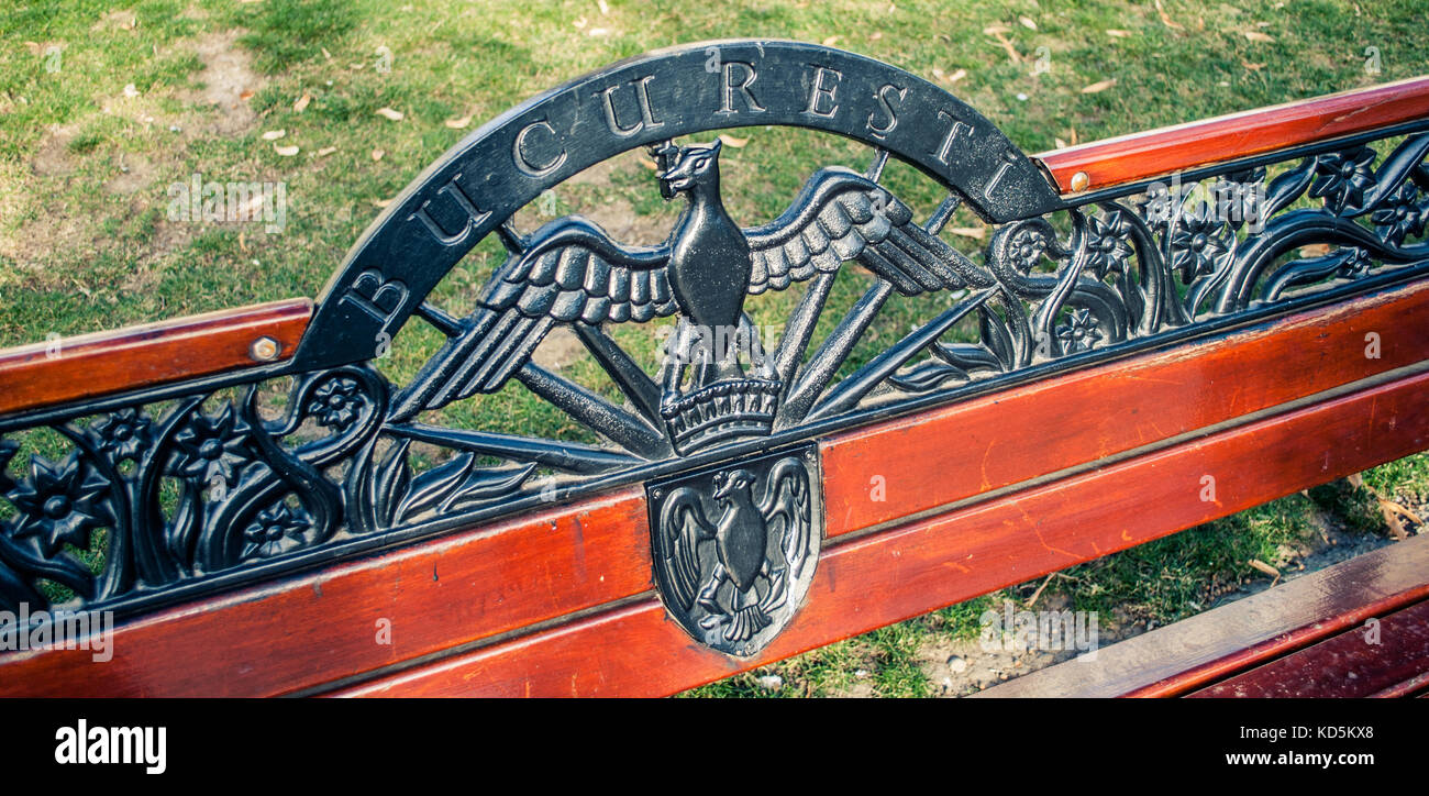 Decorated a bench in a park in Bucharest, Romania Stock Photo - Alamy