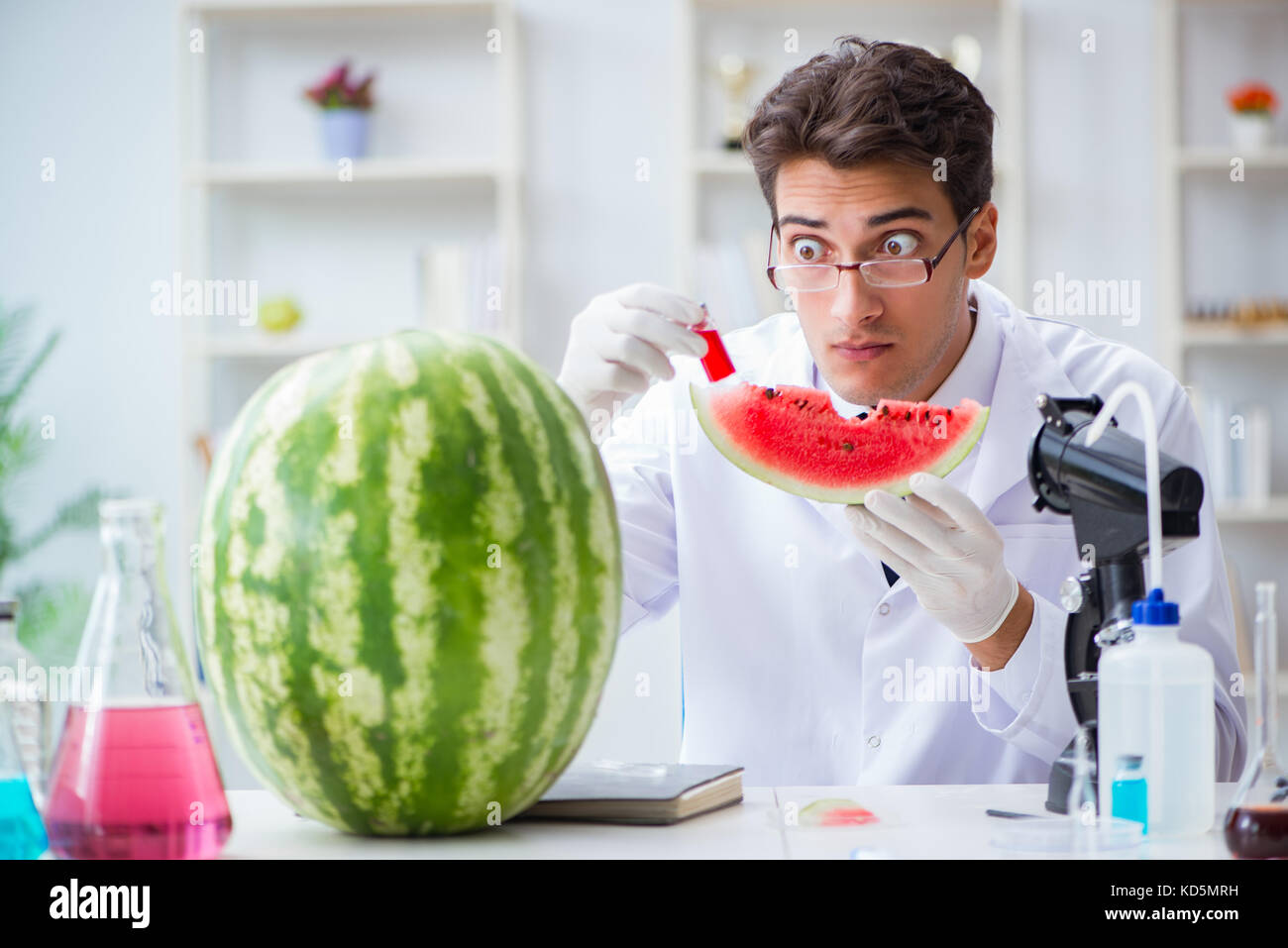 Scientist testing watermelon in lab Stock Photo - Alamy