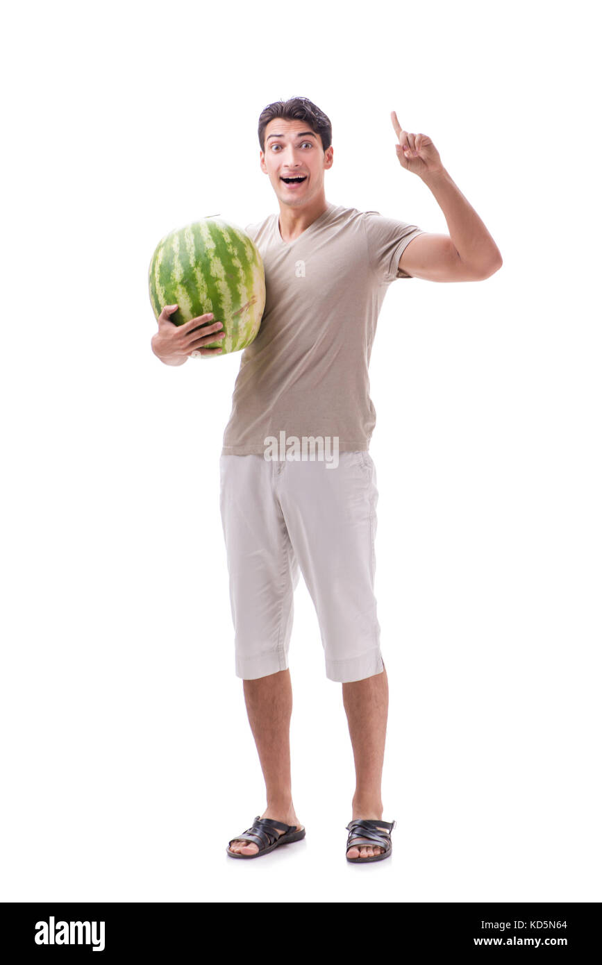 Young man with watermelon isolated on white Stock Photo - Alamy