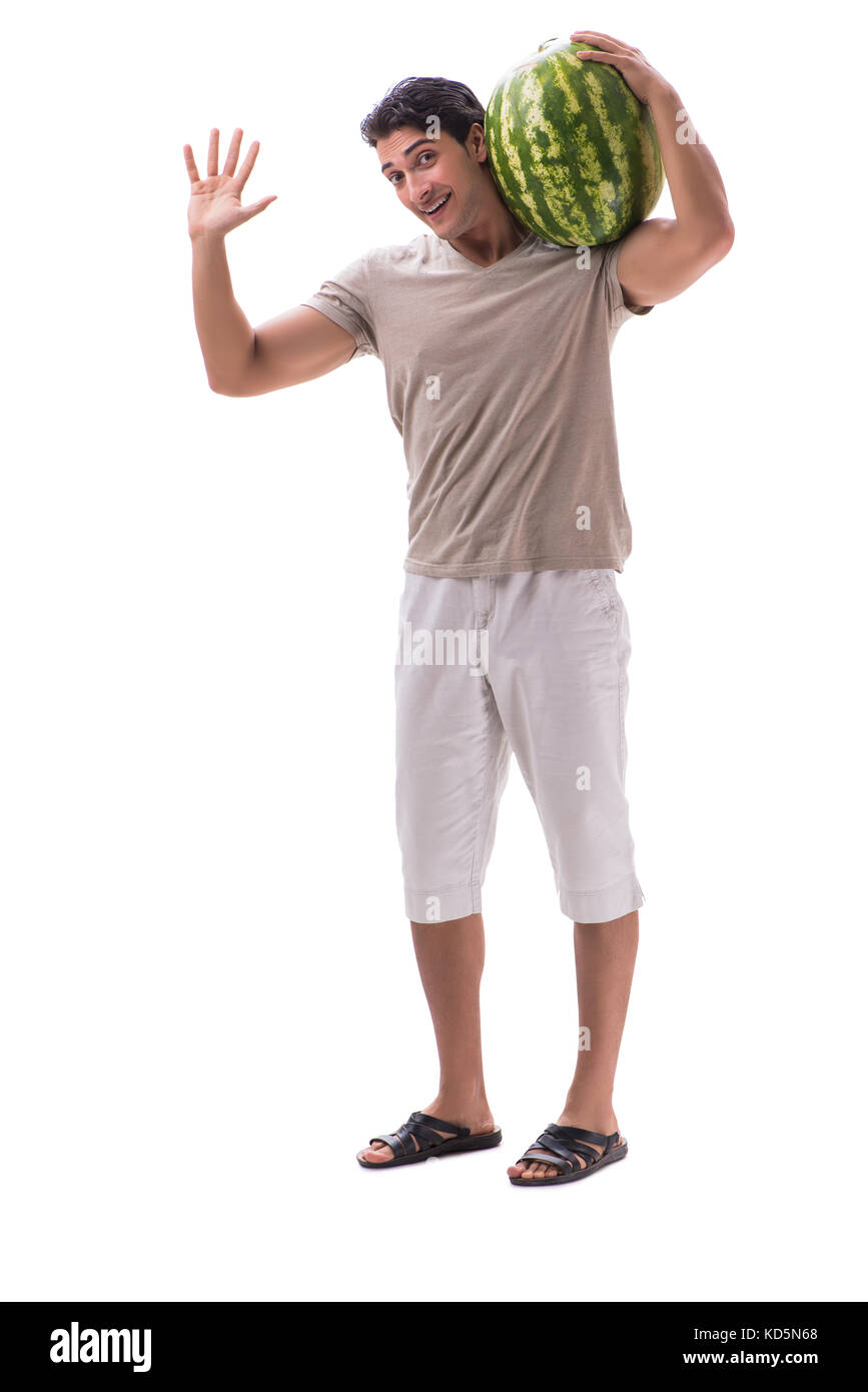 Young man with watermelon isolated on white Stock Photo - Alamy